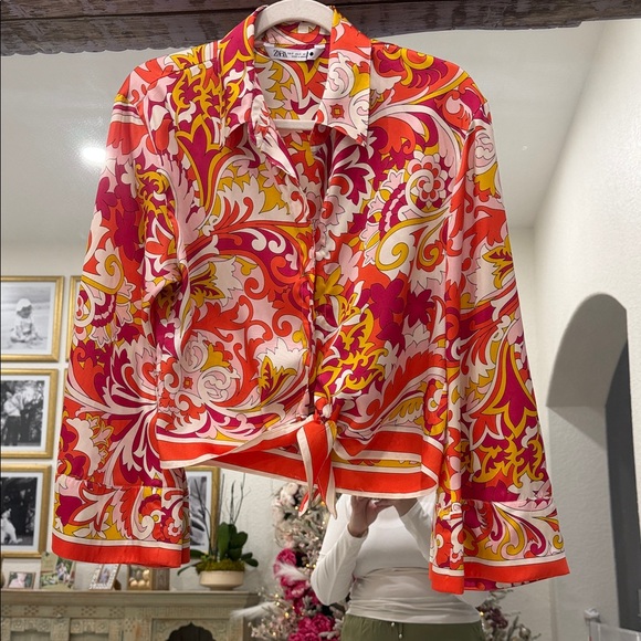 Zara | Tops | Zara Retro Multicolor Floral Pattern Blouse | Poshmark